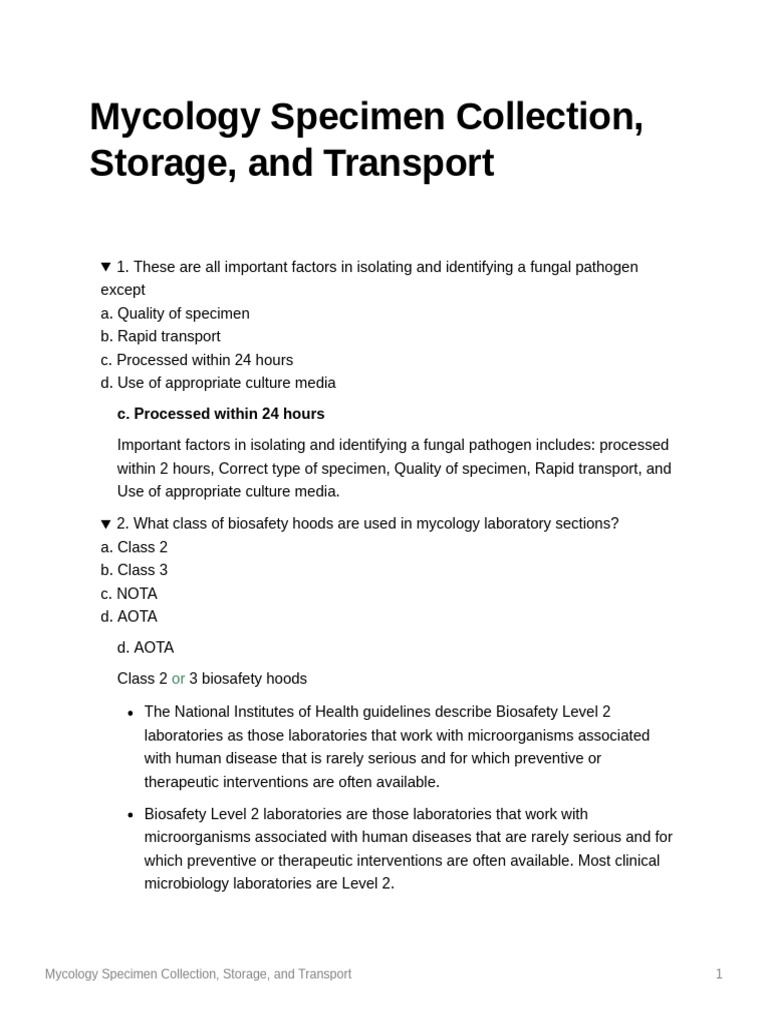 Mycology Specimen Collection Storage and Transport | PDF | Meningitis | Fungus