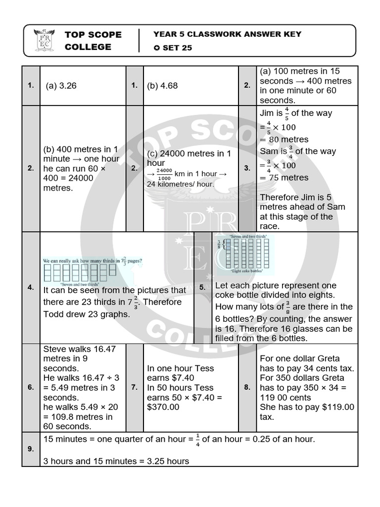 Year 5 Vol 3 Classwork Answer Key Set 25-26 | PDF