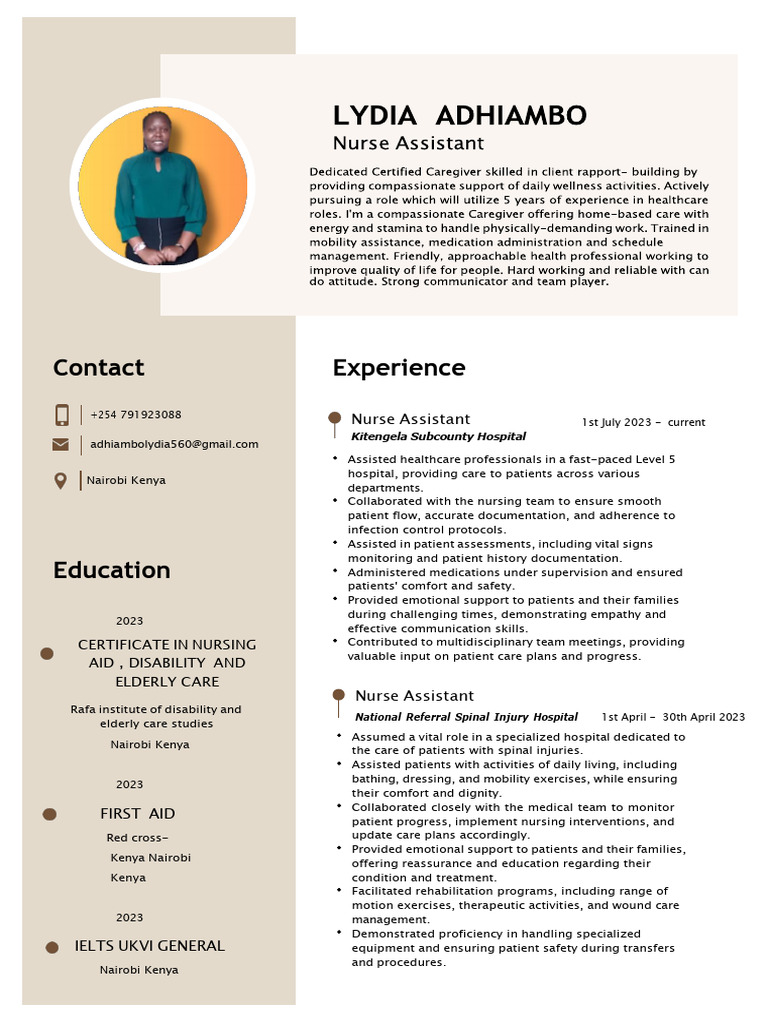 LYDIA ADHIAMBO 's cv-1 | PDF | Caregiver | Nursing