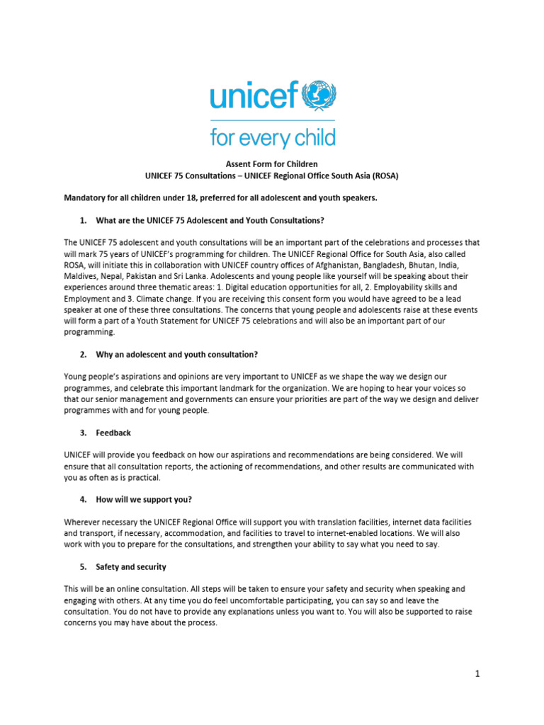 UNICEF ROSA Child Assent Form Example | PDF | South Asia
