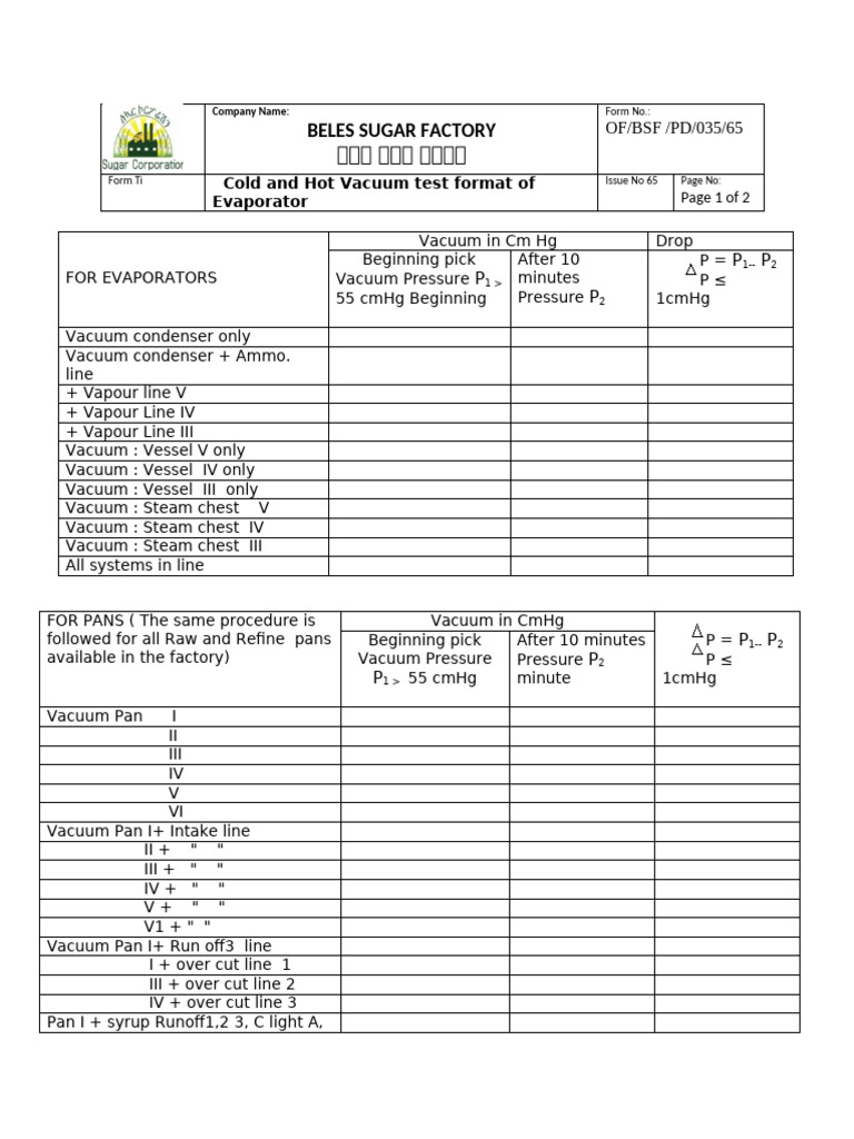 OF BSF Vacuum Test Format For Evap, and Pans | PDF