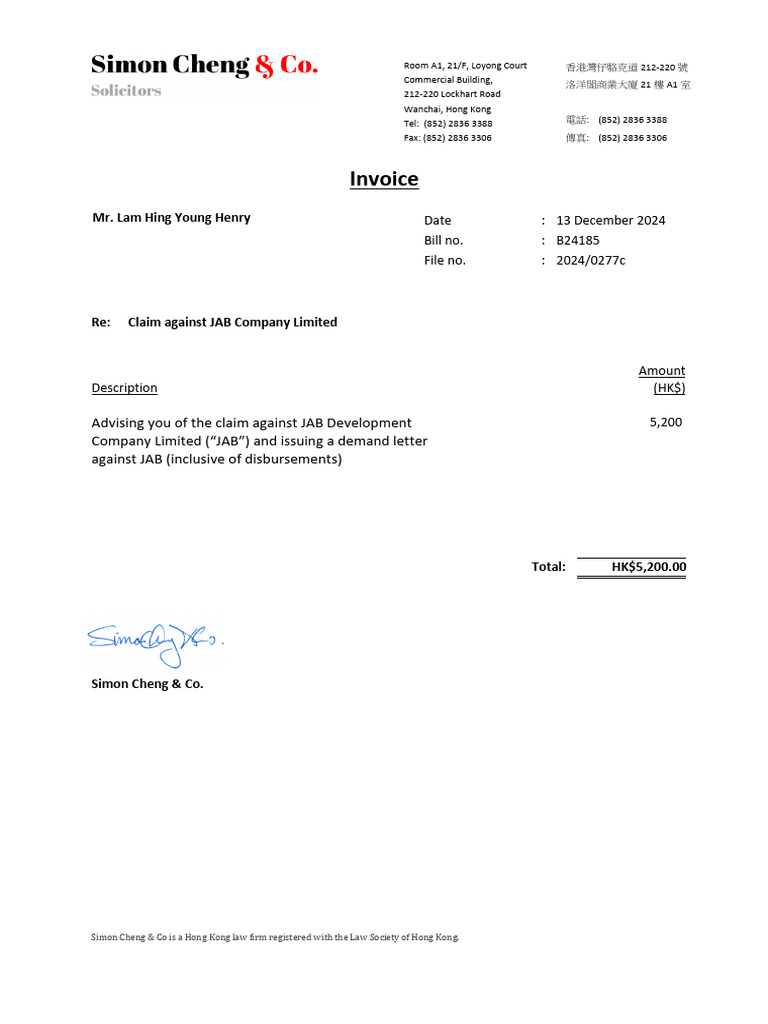 Invoice for Legal Services - Simon Cheng & Co | PDF | Cheque | Payments