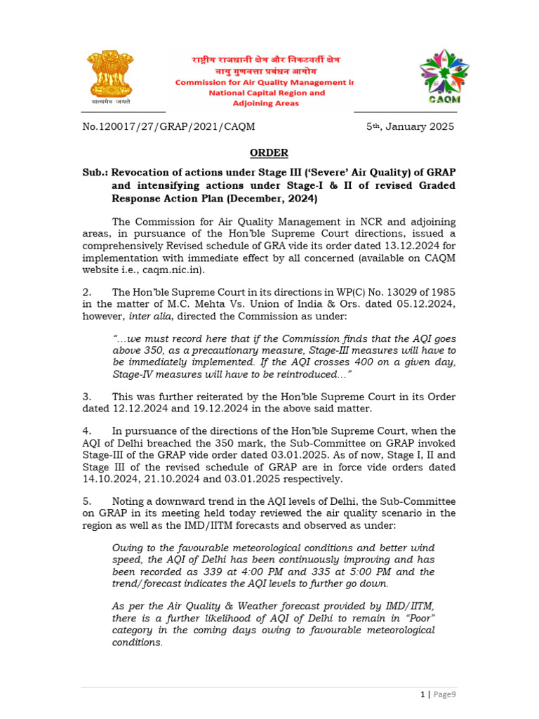 Revocation of GRAP Stage-III Order | PDF | New Delhi | Government Of India