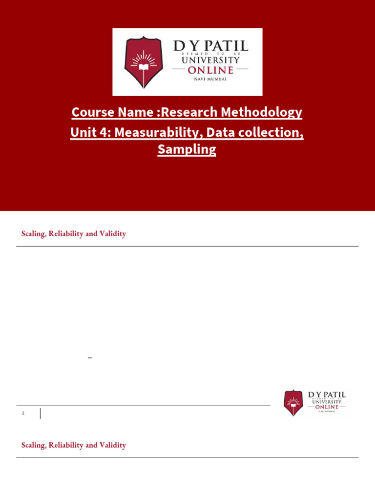 Mod 4 Measurability, Data Collection, Sampling | PDF | Validity (Statistics) | Cronbach's Alpha
