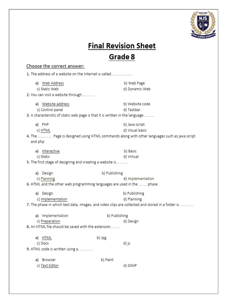Grade 8 Web Design Quiz Questions | PDF | Websites | World Wide Web