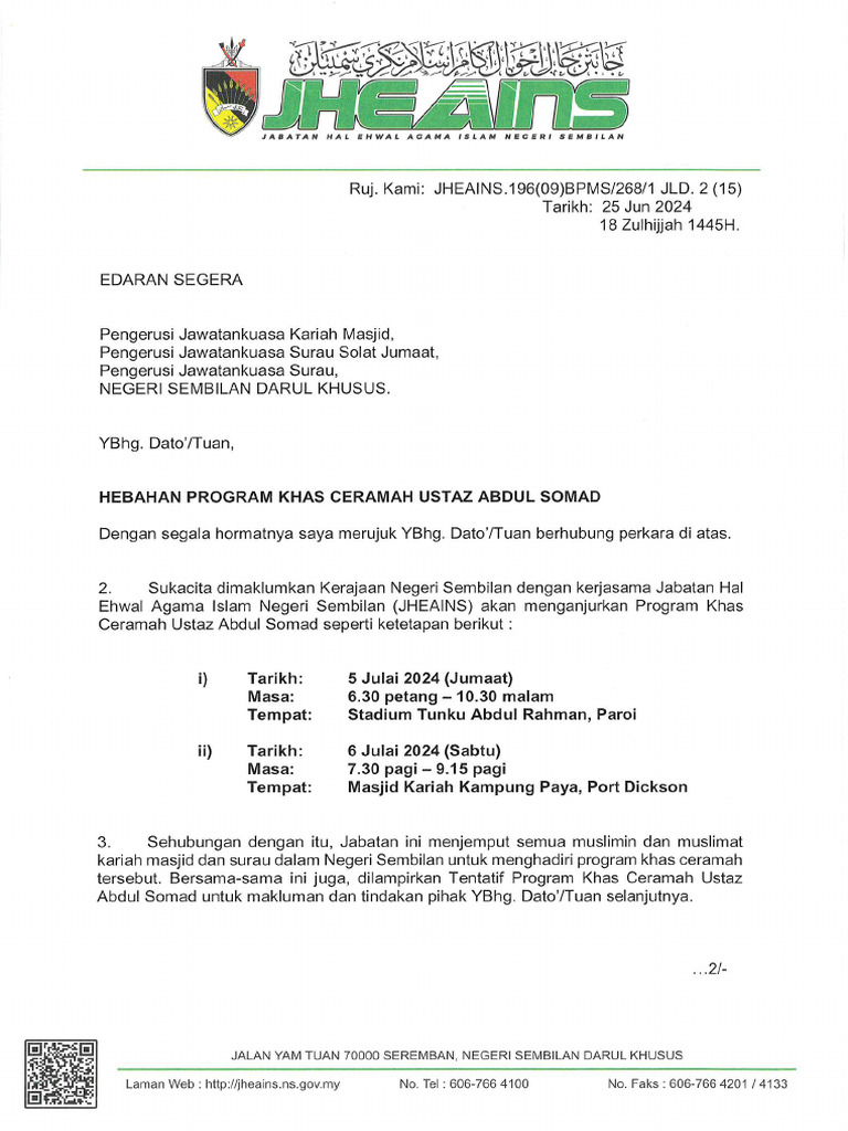 Surat Hebahan Program Khas Ceramah Ustaz Abdul Somad | PDF