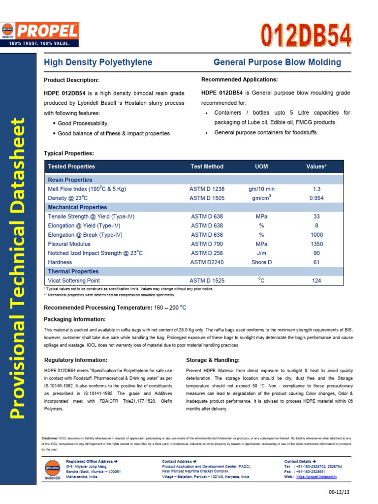 TDS_HDPE_012DB54_IOCL | PDF | Materials Science | Plastic