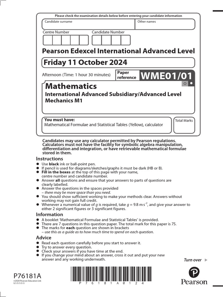 2410 WME01 - 01 IAL Mechanics M1 October 2024 PDF | PDF | Mass | Calculator
