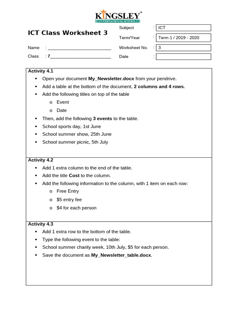 2019-2020 Year 7 Term 1 ICT Class Worksheet 3 | PDF