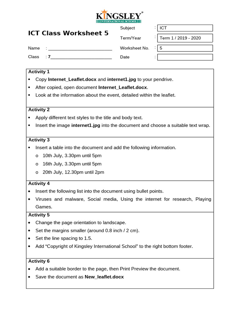 2019-2020 Year 7 Term 1 ICT Class Worksheet 5 | PDF