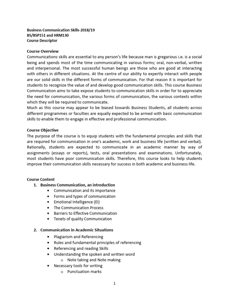Business Communication Skills Course Outline | PDF | Communication ...
