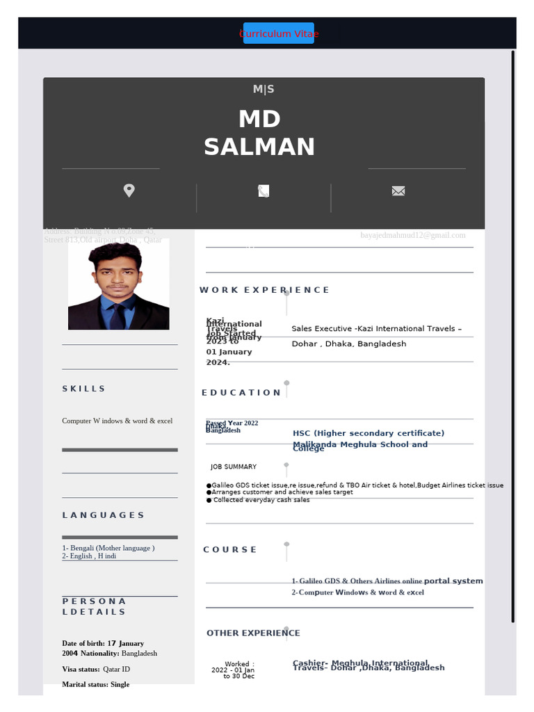 MD SALMAN - Curriculum Vitae | PDF | Airlines