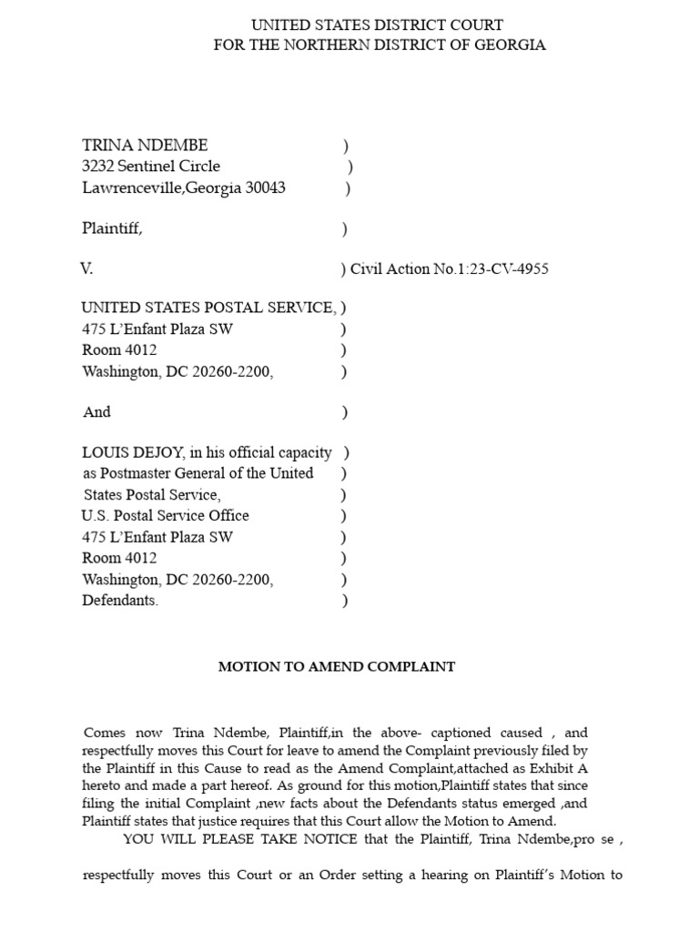 Motion to Amend a Complaint Trina Ndembe v. USPS (1) | PDF | Complaint ...
