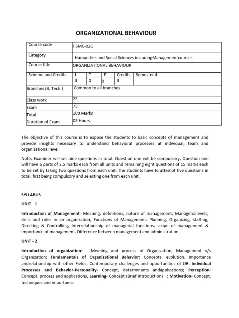 OB Syllabus | PDF | Organizational Behavior | Concept