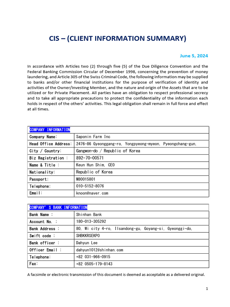 Client Information Summary (Saponin Farm Inc) | PDF
