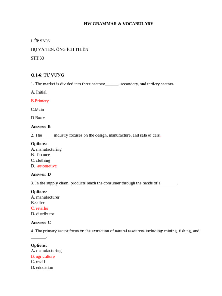 S3C6 - TATQ - HW - Grammar and Vocabulary - IchThien - 30 | PDF | Business | Economies