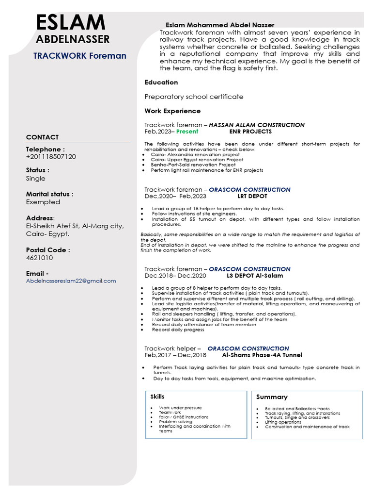 Eslam Abdelnasser CV 2023-5-2 1 | PDF | Transport | Rail Transport