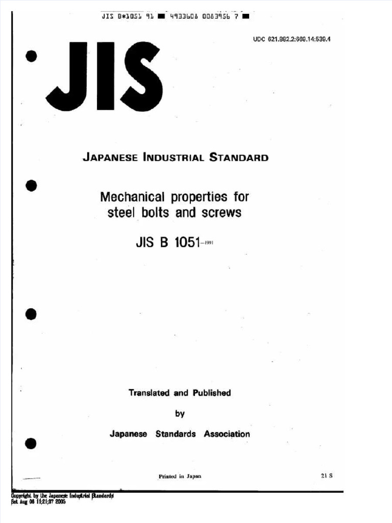 JIS B 1051 1991 Mechanical Properties of Steel Bolts and Screws | PDF