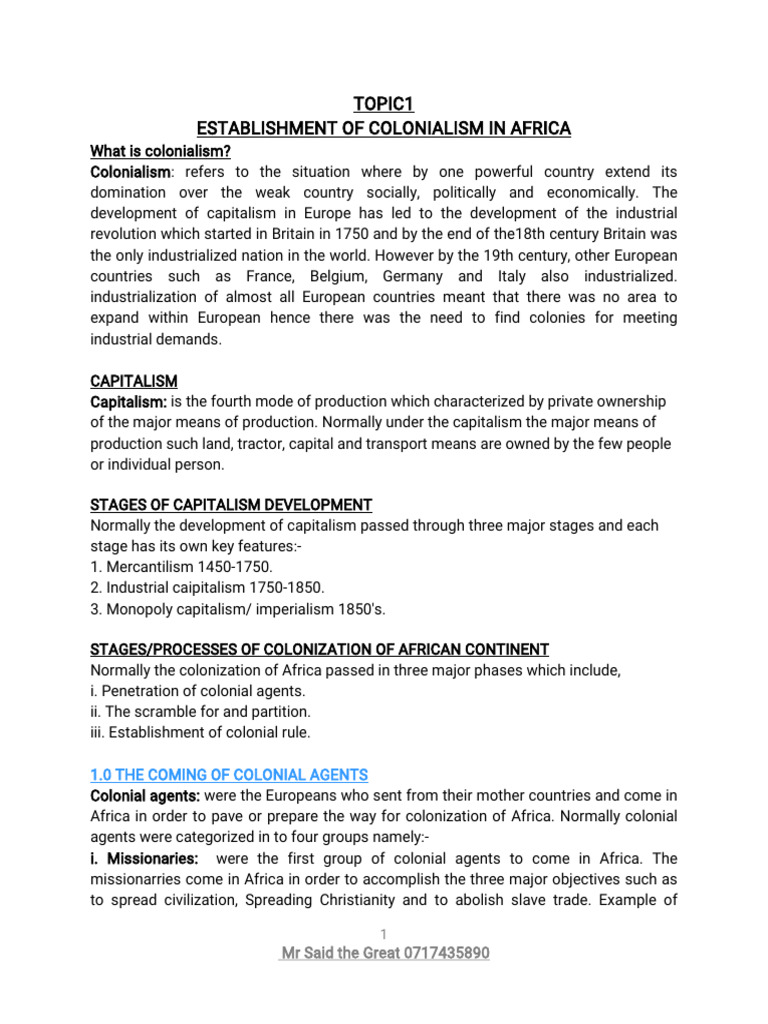1.0 Establishment of Colonialism in Africa | PDF | Africa | Colonialism