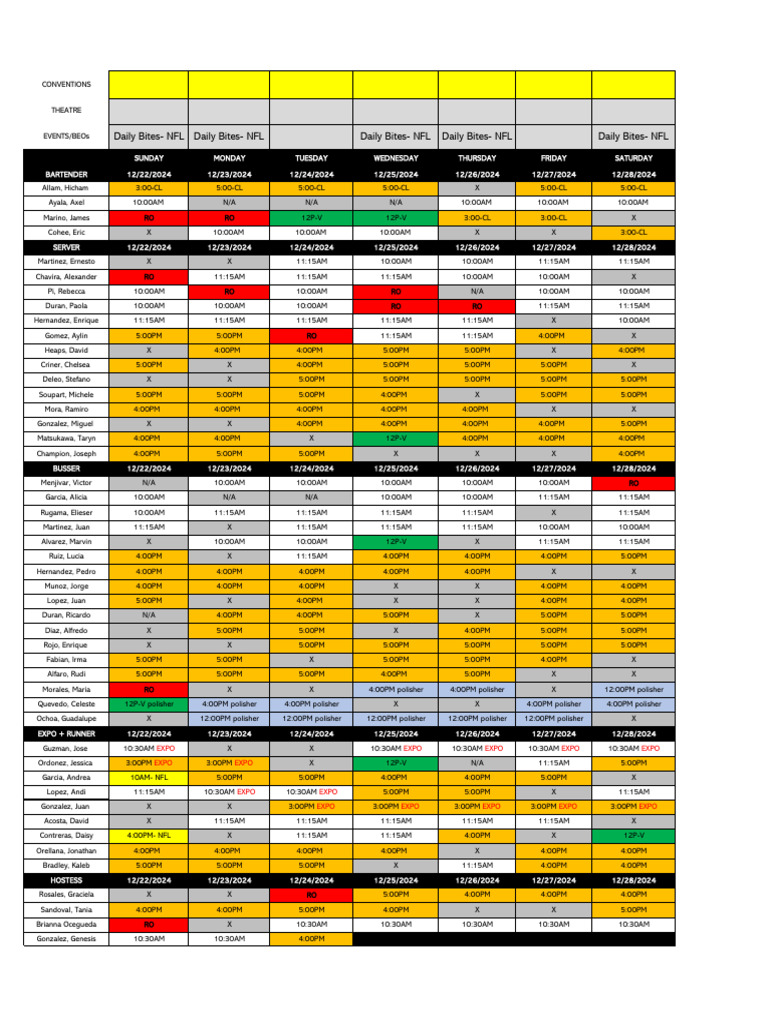 BRERA FOH Schedule 12.22-12.28 | PDF