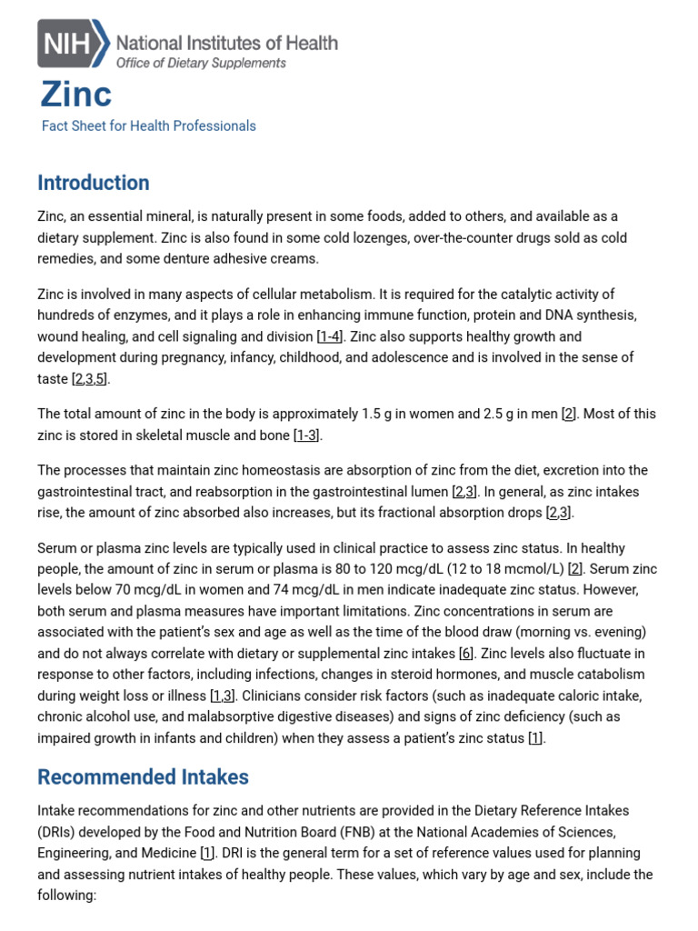 Zinc - Health Professional Fact Sheet | PDF | Common Cold | Zinc
