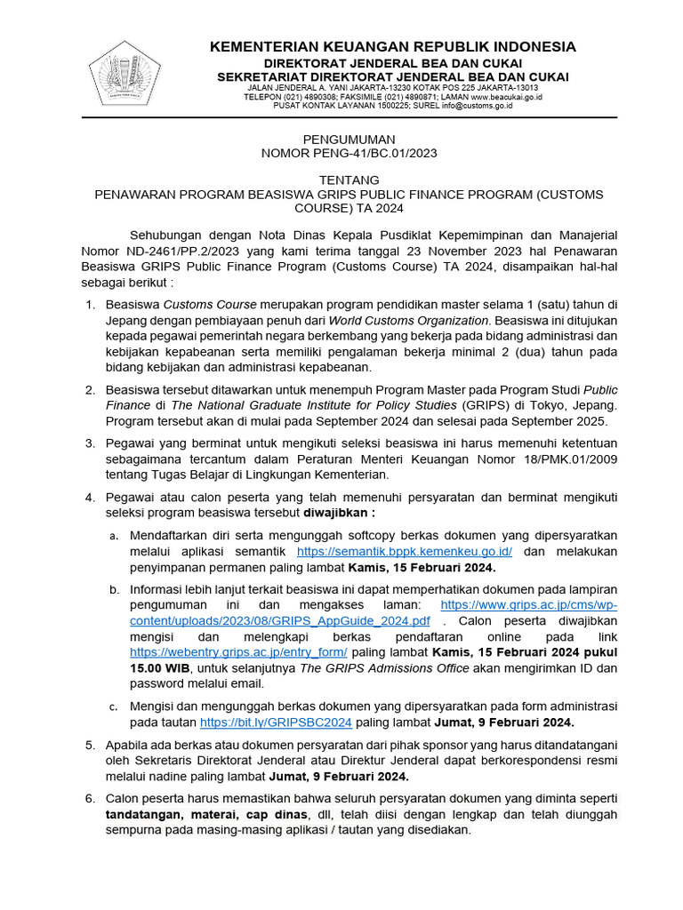 Penawaran Program Beasiswa GRIPS Public Finance Program (Customs Course) TA 2024 | PDF