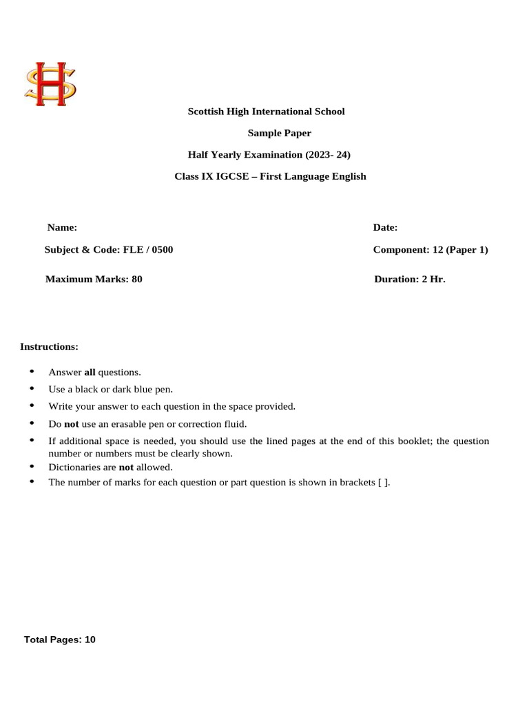 IX IG Sample Paper - HY ENGLISH PAPER-1 | PDF | Avocado | Pollination