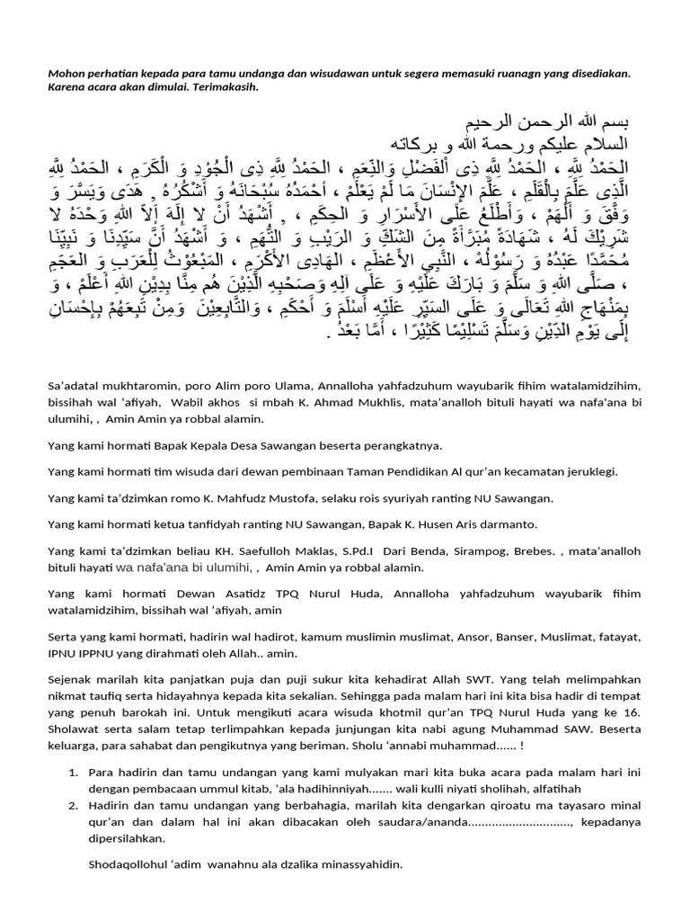 Teks MC Wisuda TPQ | PDF