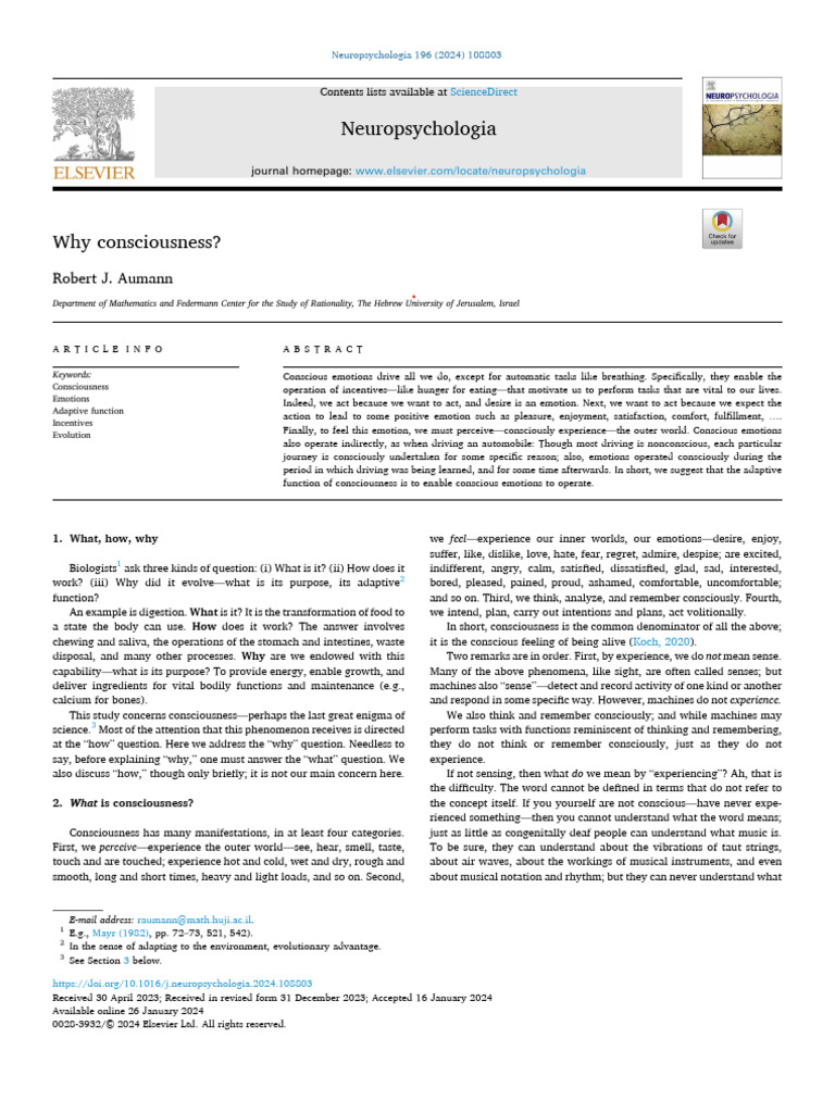 2024 Why Consciousness Robert J. Aumann | PDF | Consciousness | Experience