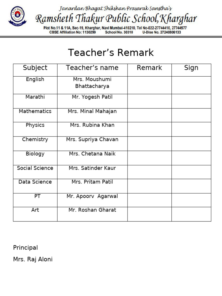 Teacher's Remark Page Class 10 F-1 | PDF