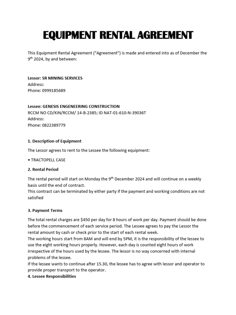 Equipment Rental Agreement Template | PDF | Lease | Indemnity