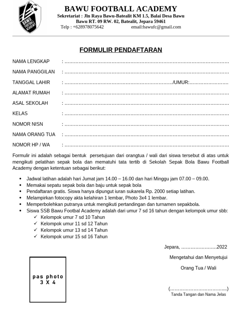 Formulir Pendaftaran SSB Bawu Football Academy | PDF