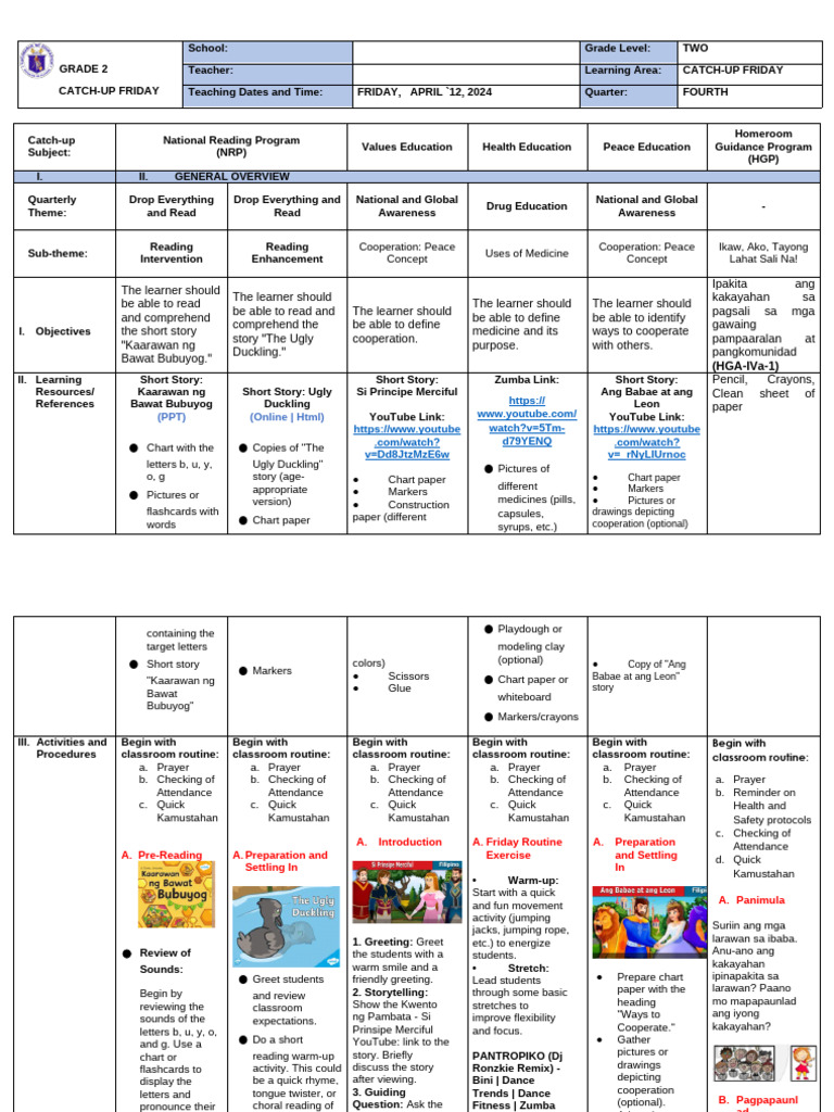 Grade 2 Catch-Up Friday Plan | PDF | Reading Comprehension | Learning