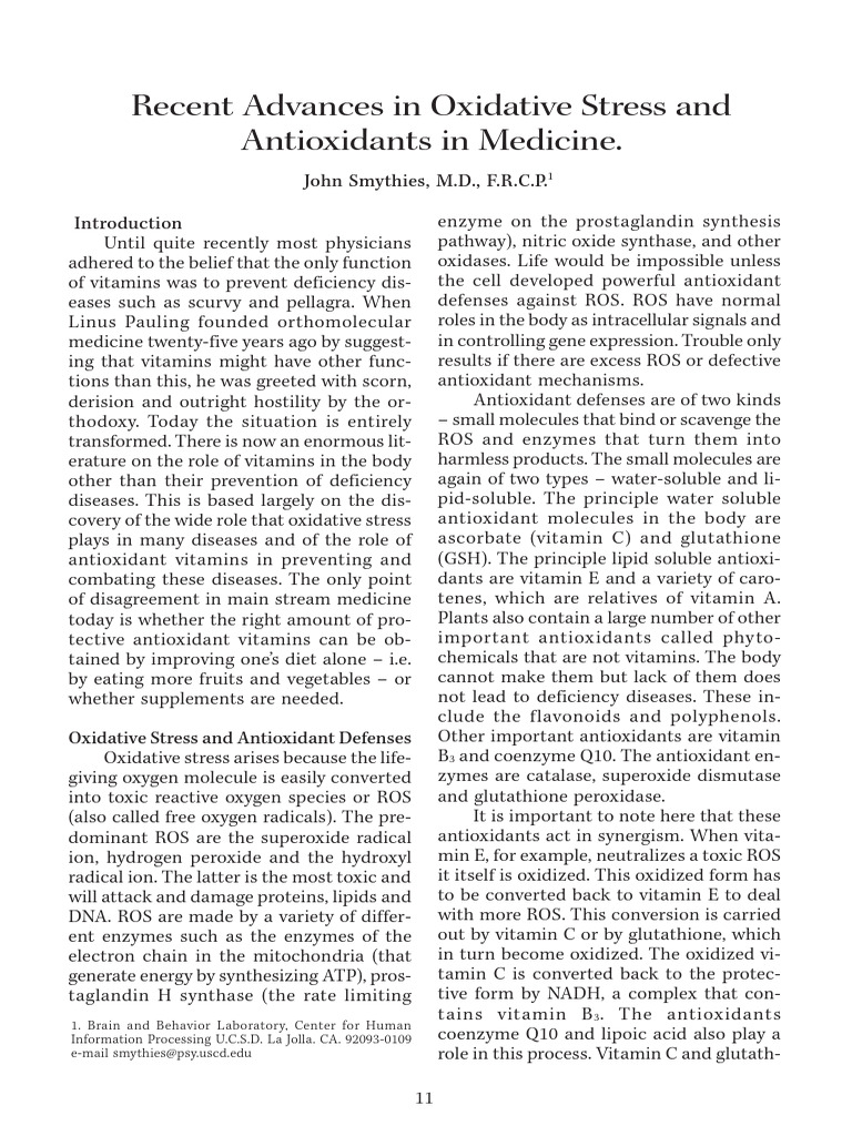 Recent Advances in Oxidative Stress and Antioxidants in Medicine nitric oxide 1998-v13n01-p011 ...