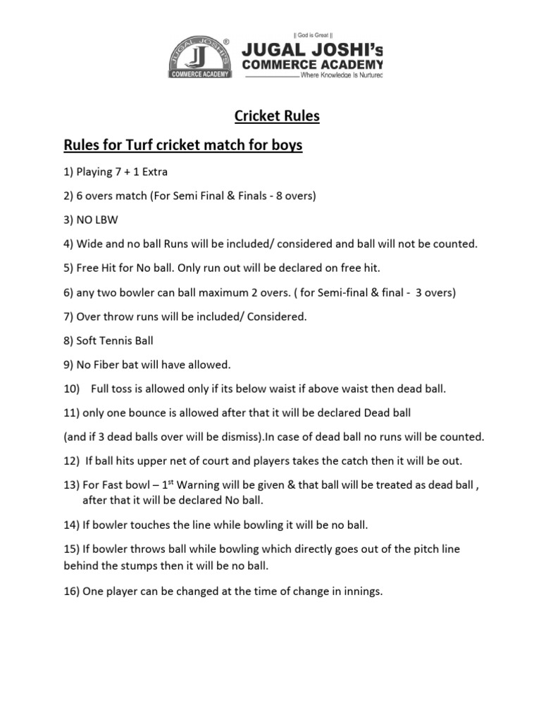Cricket Rules Rules For Turf Cricket Match For Boys | PDF