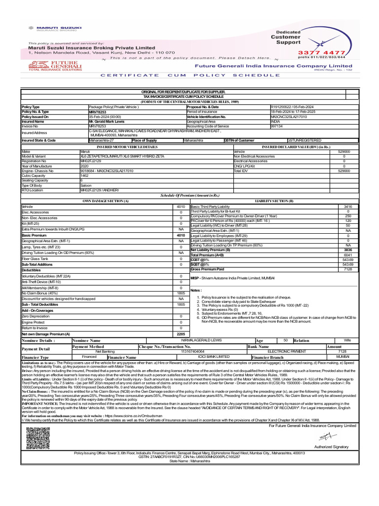 Future Generali Vehicle Insurance Invoice | PDF | Deductible | Insurance