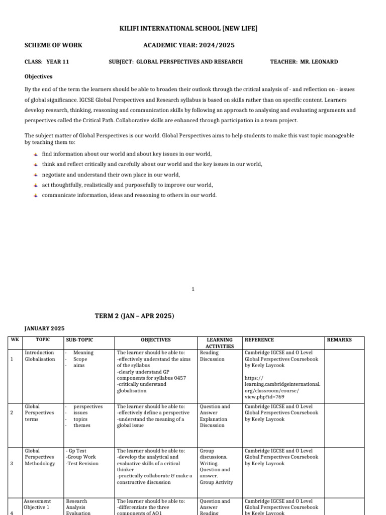Year 11 GP Scheme of Work 2025 Kisnl | PDF | Learning | Critical Thinking