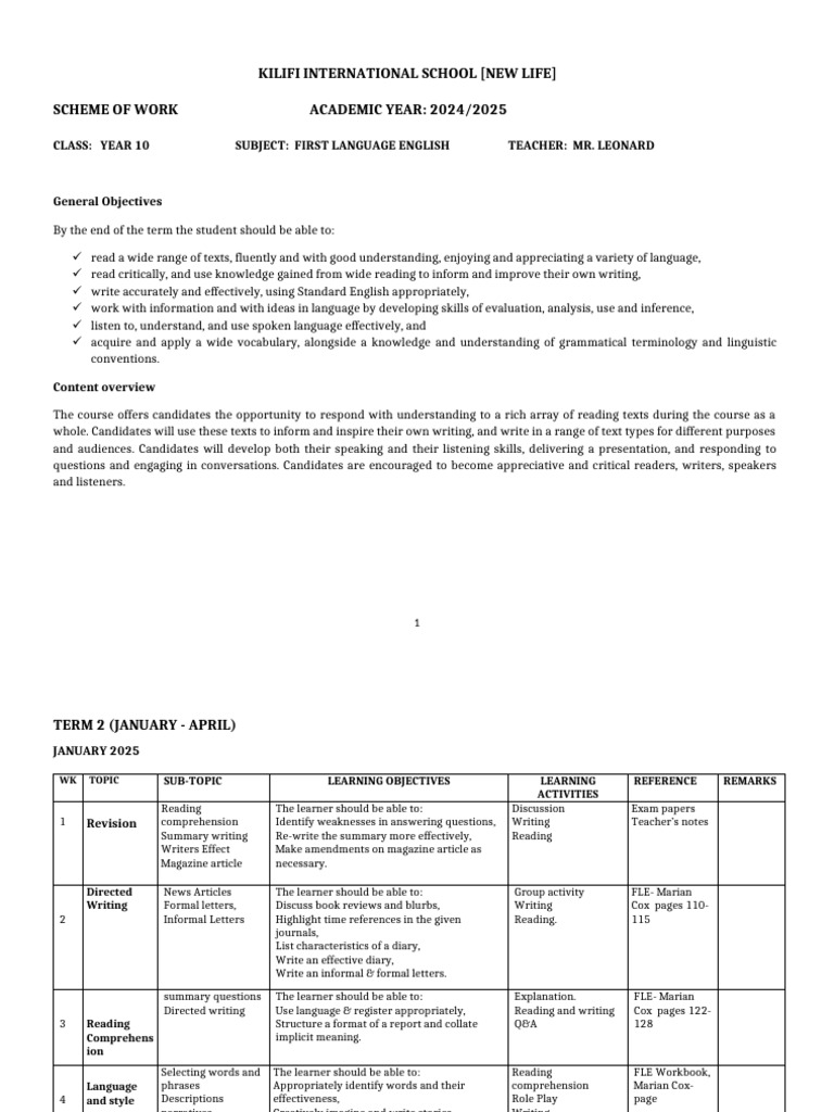 Year 10 English Scheme of Work 2025 | PDF | Reading Comprehension ...