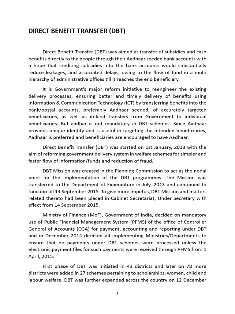 Overview of Direct Benefit Transfer in India | PDF | Government Of ...