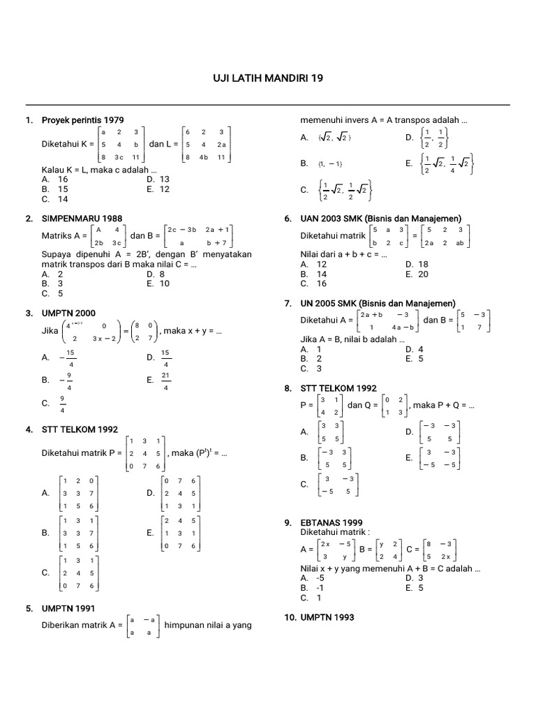 Latihan Soal MATRIKS | PDF