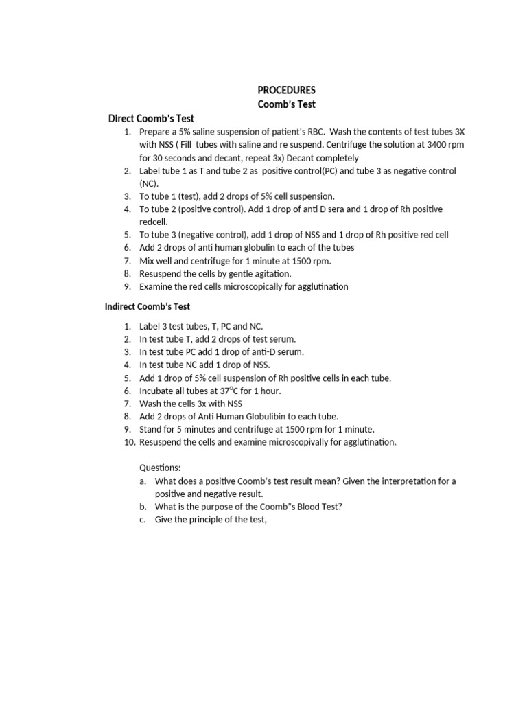 Coomb's Test: Direct vs Indirect Procedures | PDF