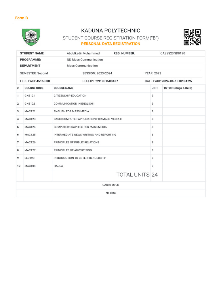 Second Semester Form B | PDF