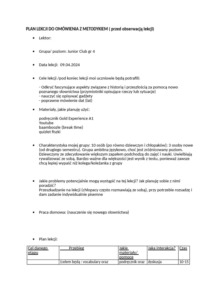 Plan lekcji ( przed obserwacją lekcji).dotx (1) Gold experience | PDF