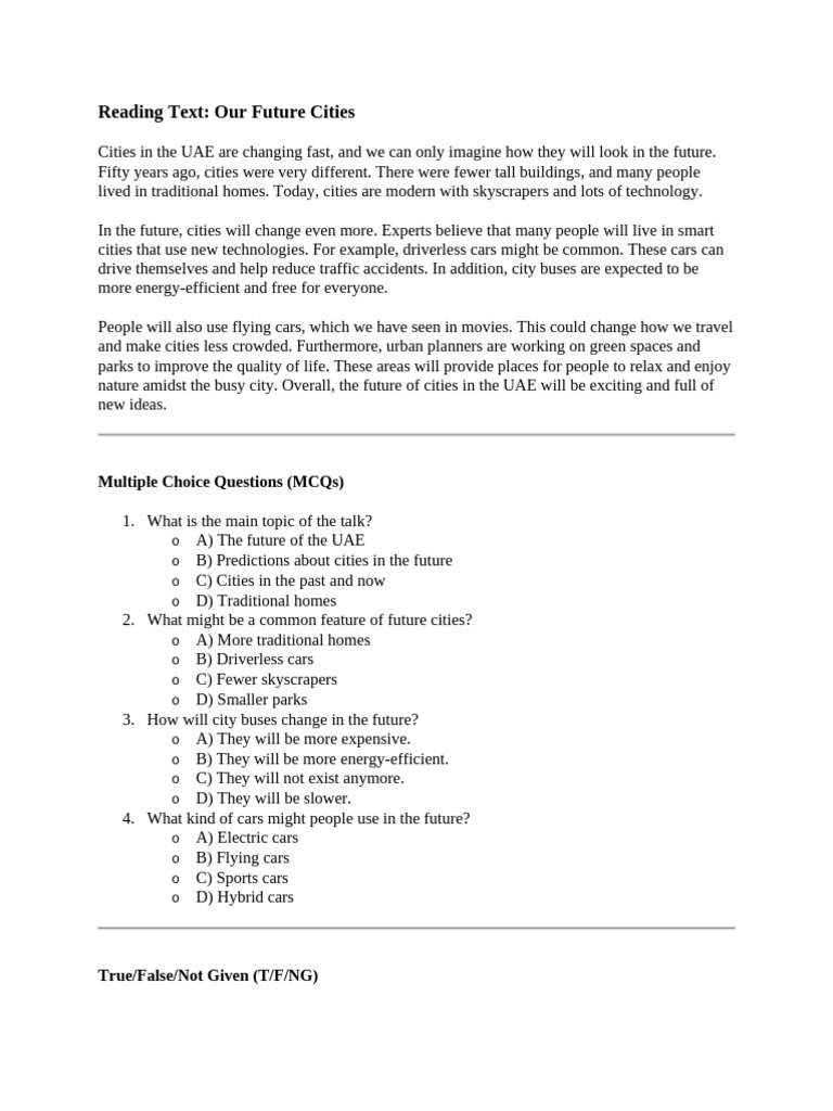 L1-2 Reading Quiz Future Cities | PDF | Transport | Vehicles