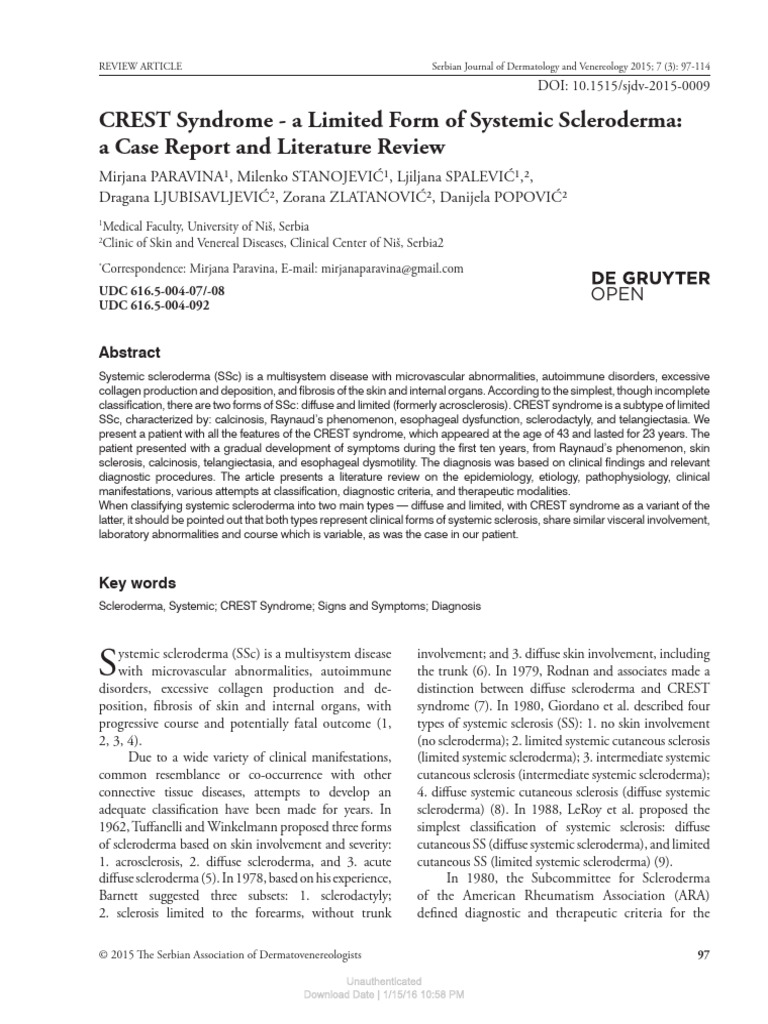 CREST Syndrome - A Limited Form of Systemic Sclero | PDF | Esophagus ...