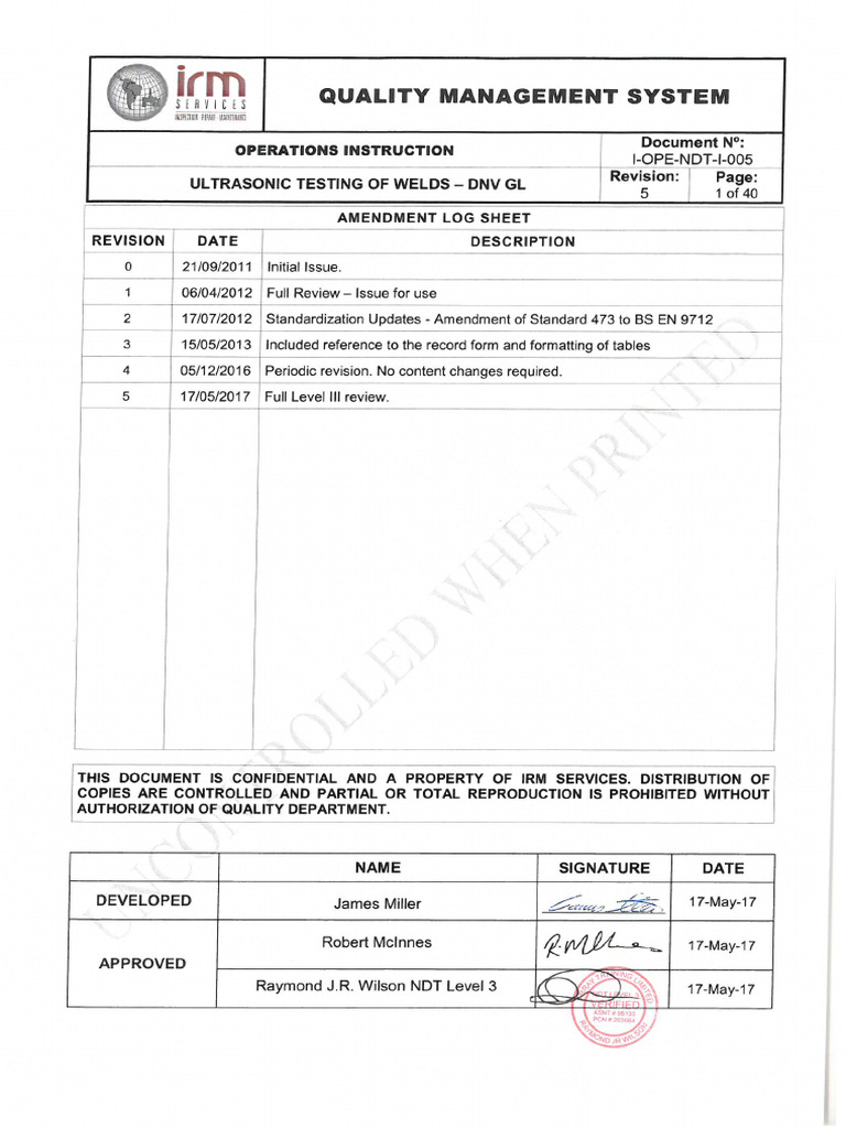 I-OPE-NDT-I-005 - Ultrasonic Testing of Welds - DNV GL - Rev.5 | PDF