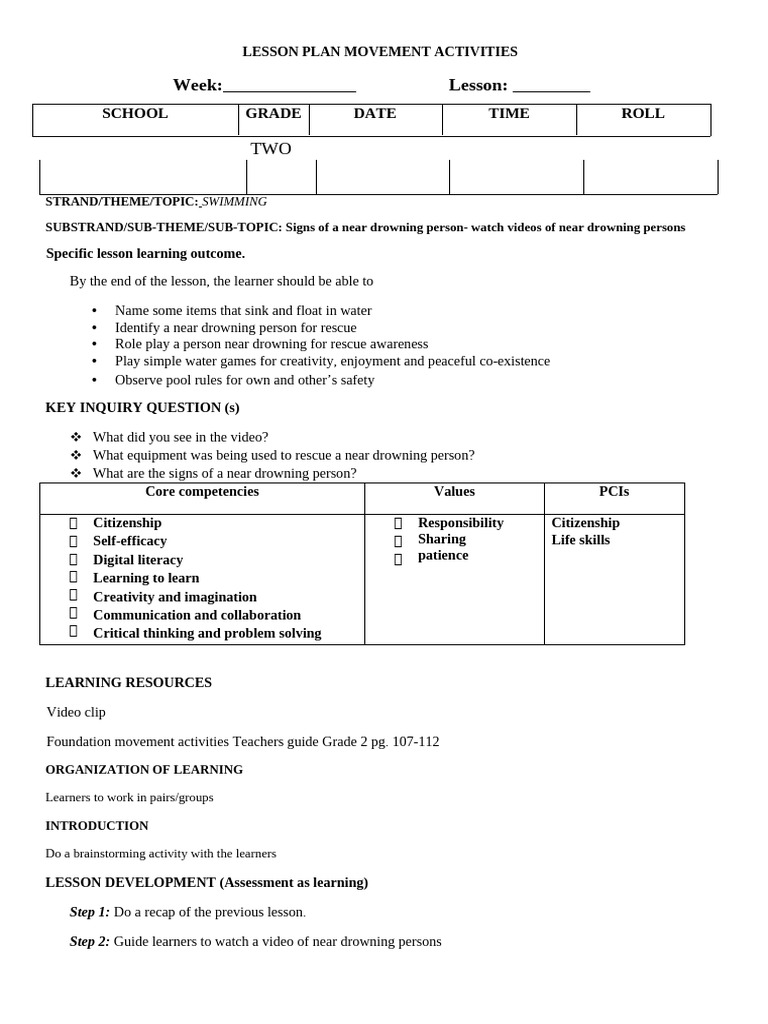 GRADE 2-Swimming-Lesson-Plans-Movement-Activities-1 | PDF | Lesson Plan | Learning