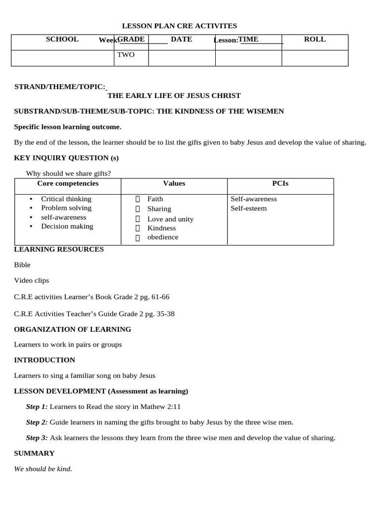 GRADE 2 the Early Life of Jesus Christ Lesson Plans Cre 1 | PDF ...