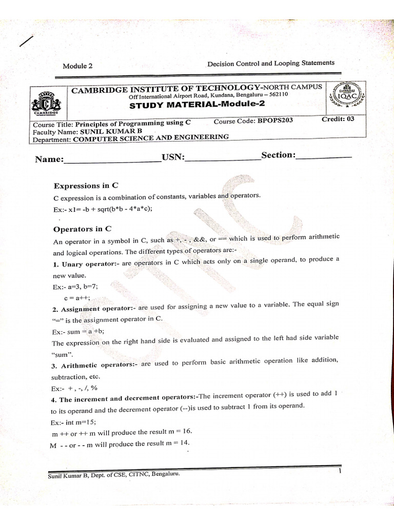 Principles of Programming Using C Module 2 | PDF