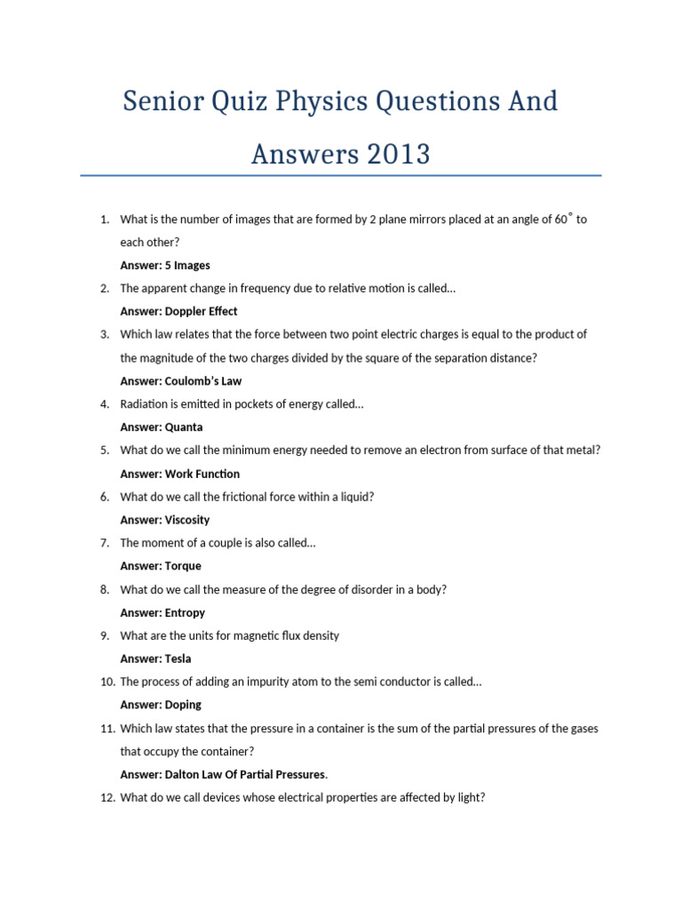 Senior Quiz Physics Questions and Answers 2013 | PDF | Force | Proton
